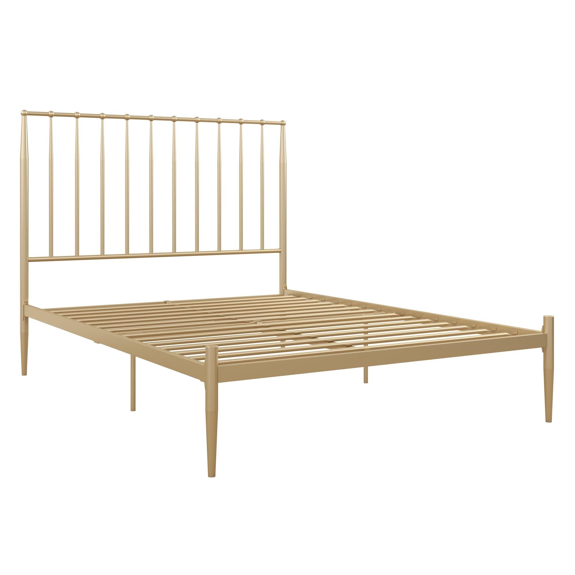 Novogratz Nicole Modern Metal Platform Bed with Tall Vertical Slat Headboard, Underbed Space for Storage, No Box Spring Needed, Full, Gold
