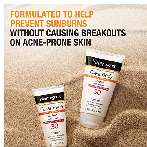 Neutrogena Clear Body Breakout-Free Liquid Sunscreen Lotion for AcneProne Skin, Oil Free Sunscreen, Broad Spectrum SPF 30, Oxybenzone Free, Fragrance Free, Non Comedogenic, Unscented, 5 Fl Oz