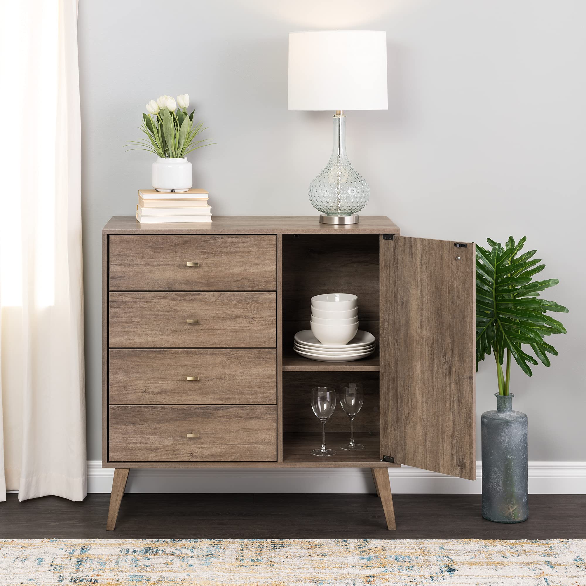 Prepac Milo Mid-Century Modern 4-drawer Chest with Door, Black