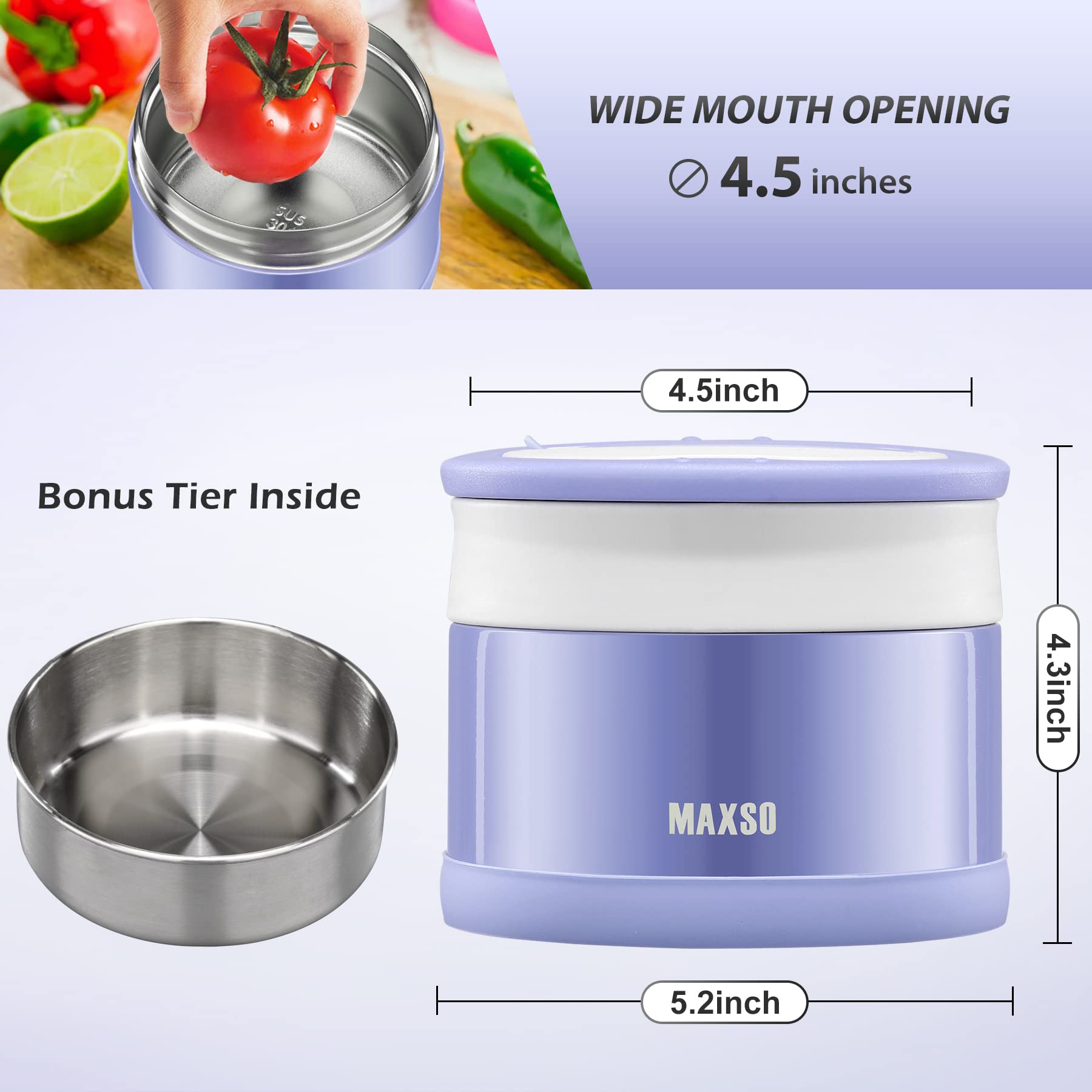 MAXSO Soup Thermo for Hot Food - 24 oz Vacuum Insulated Lunch Container with Foldable Spoon & Thermal Bag, Wide Mouth Bento Box for Adults (Purple)