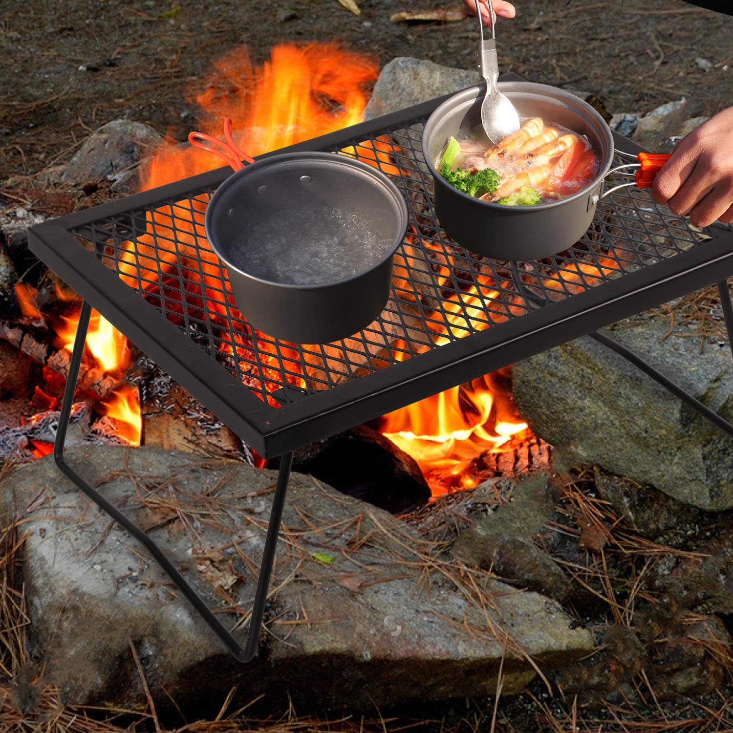 REDCAMP Folding Campfire Grill Heavy Duty Steel Grate, Portable Over Fire Camp Grill for Outdoor Open Flame Cooking, Black Large