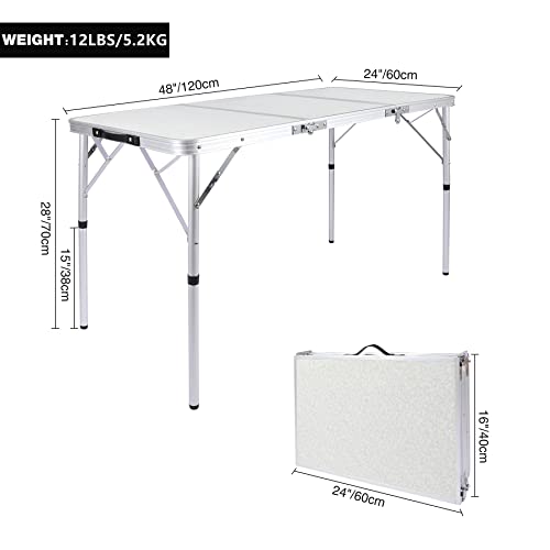 REDCAMP Tri-fold Aluminum Folding Table 4 Feet, Lightweight Portable Long Camping Table with Adjustable Heights Legs, Foldable for Indoor Outdoor Picnic, White