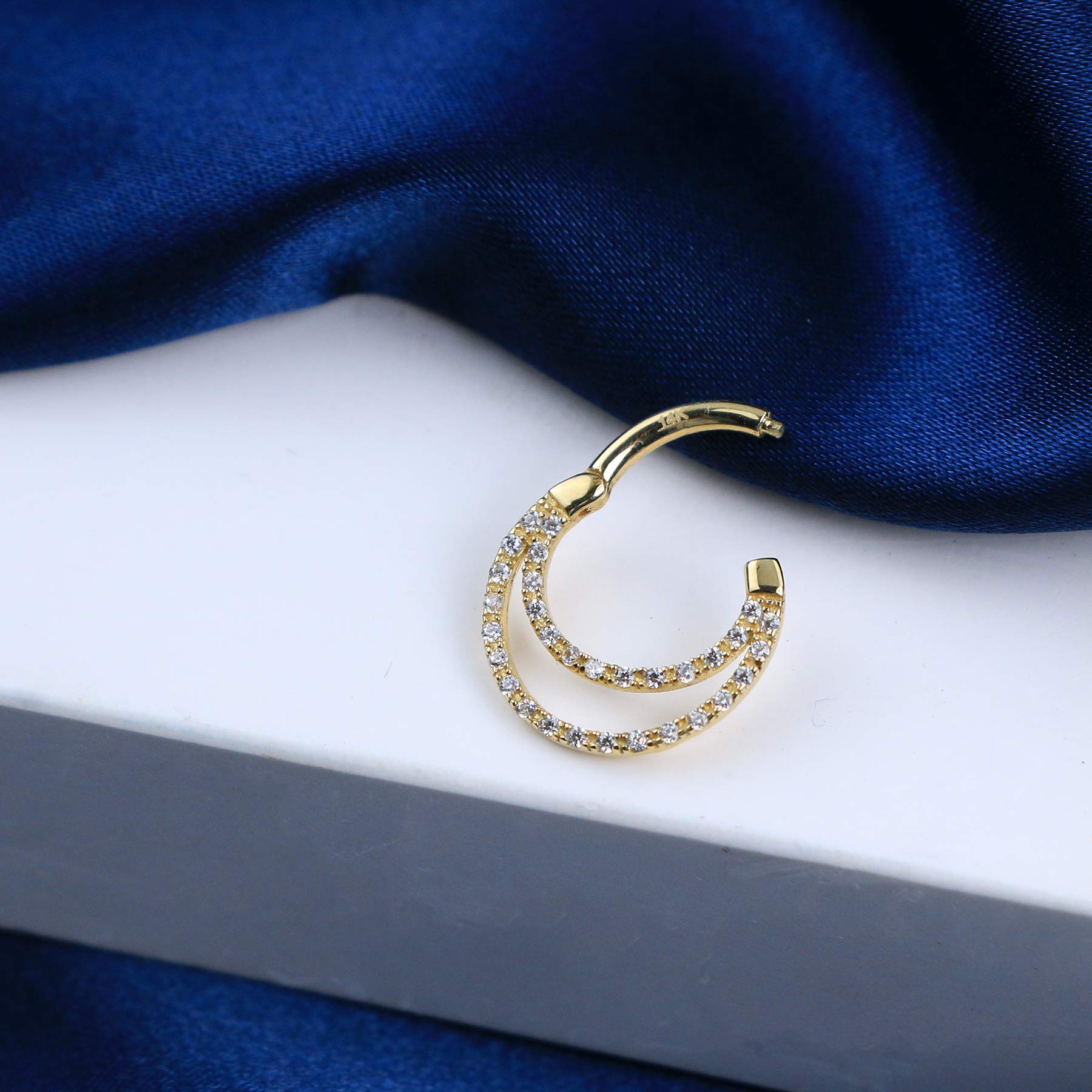 OUFER 14K Solid Gold Daith Septum Rings Double Layer Clear CZ Paved Daith Helix Earrings Septum Piercing Jewelry