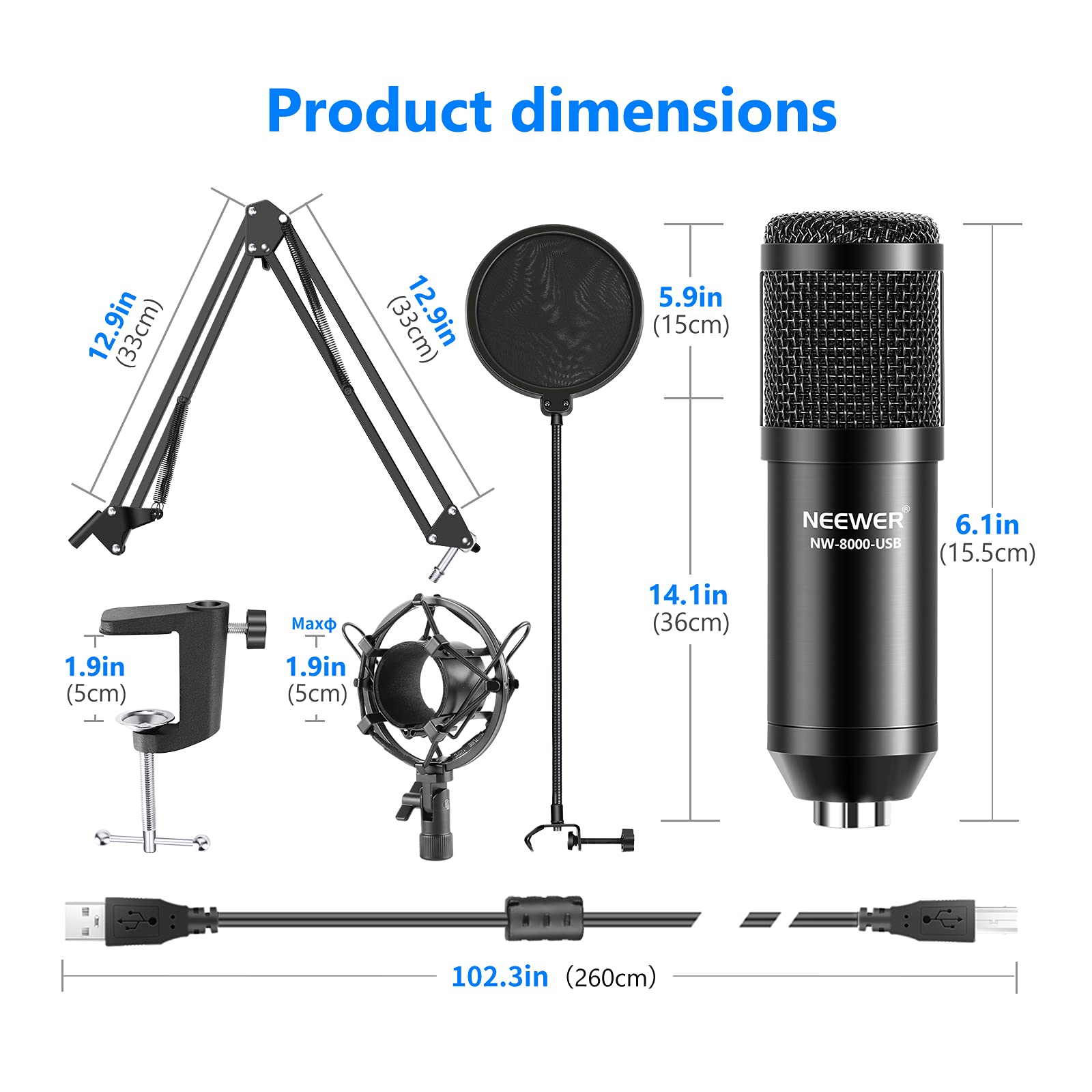 Neewer Upgraded USB Microphone Kit with 25mm Large Capsule, 192KHZ/24BIT Plug & Play Cardioid Podcast Condenser Mic with Pro Sound Chipset for Home/Studio Recording, Gaming, Streaming(NW-8000-USB)
