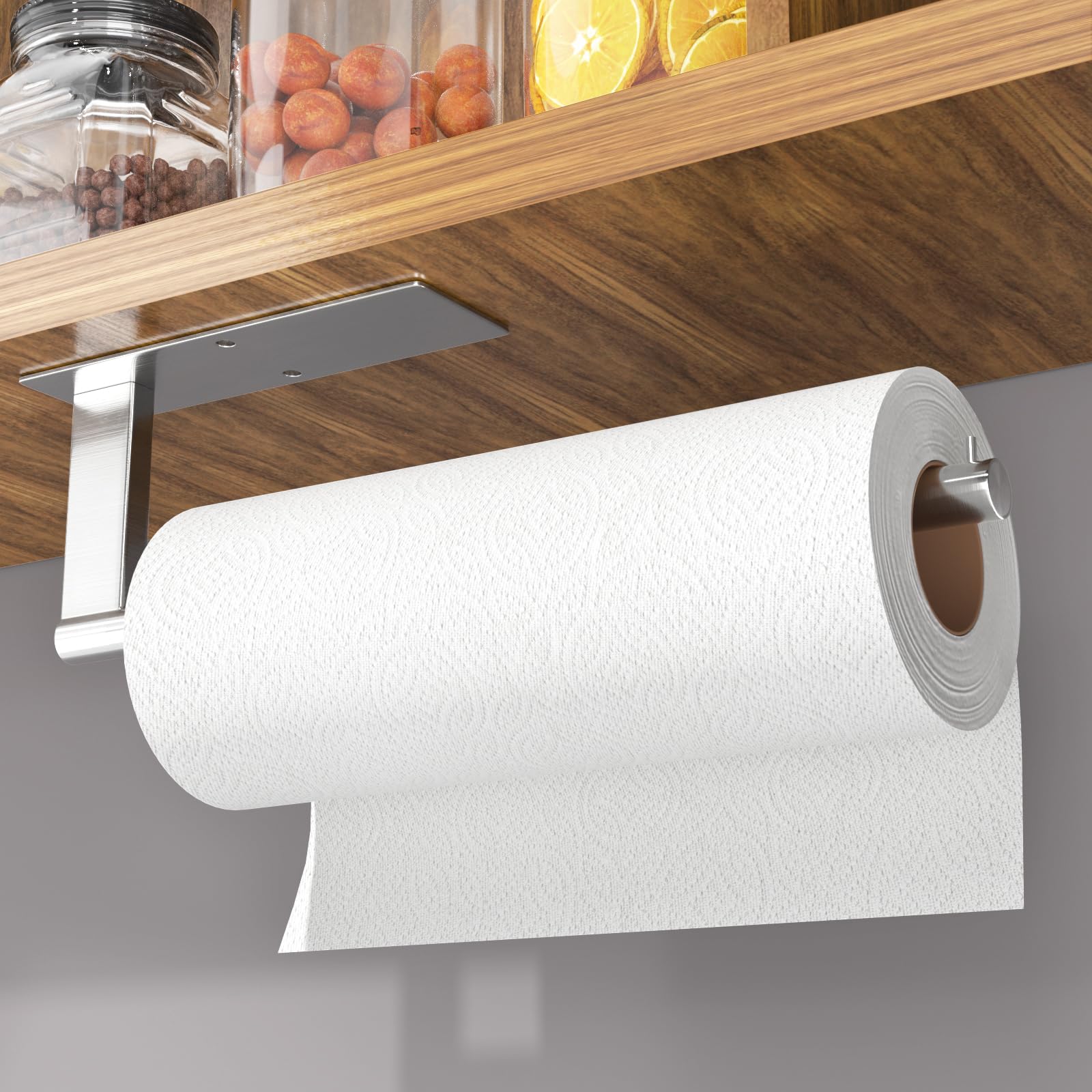 Paper Towel Holder Under Cabinet, Stainless Steel Kitchen Roll Holder Matte Black, Self-Adhesive Kitchen Towel Rack Wall-Mounted, Suitable for Pantry, Kitchen, RV