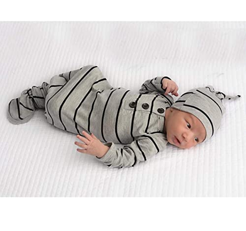 Newborn Baby Cotton Striped Gown Swaddle Wrap Knotted Sleepwear Sleeping Bags + Warm Headband (Grey, 0-6M)