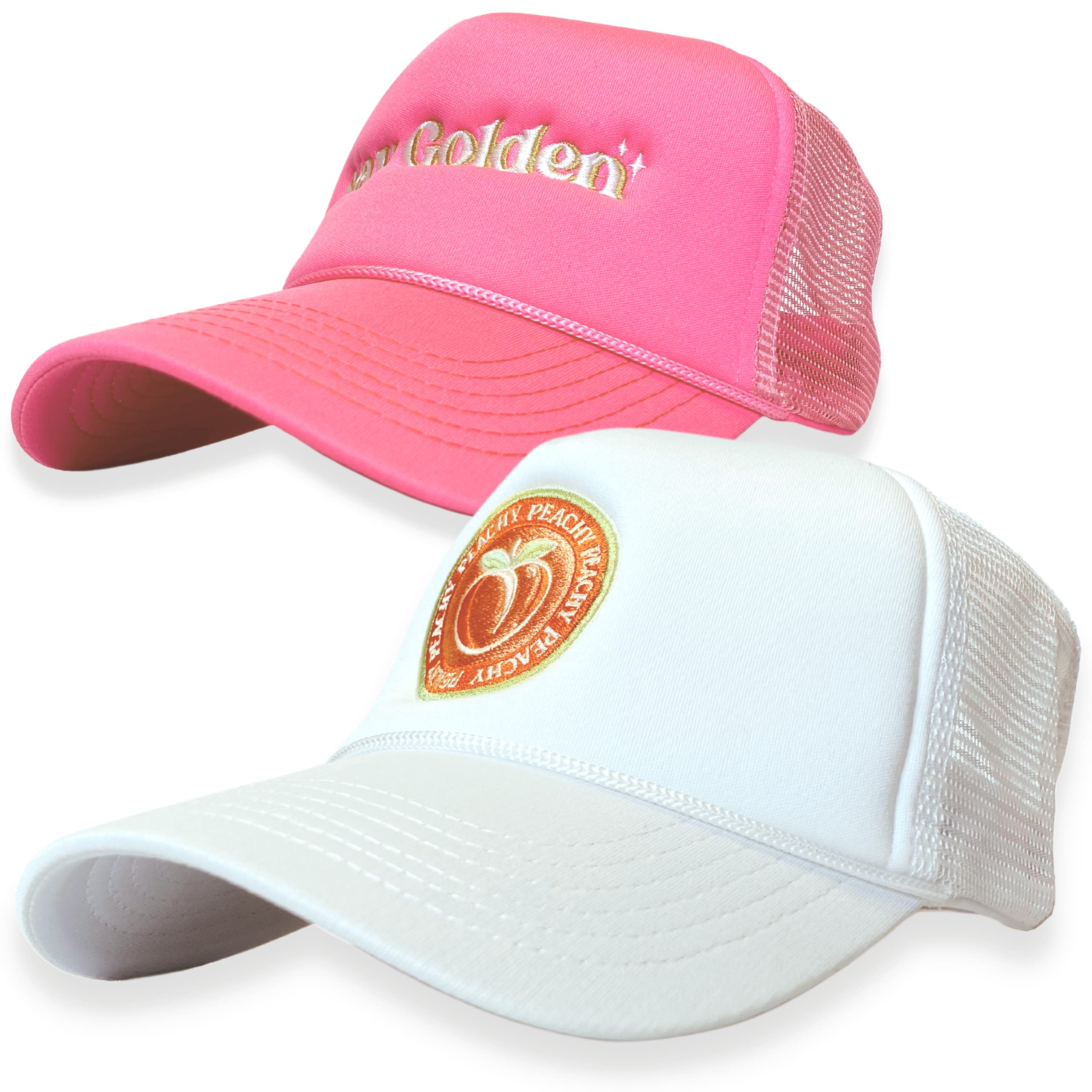 Trucker Hat - 2 Pack | Foam Embroidered Cap | Smiley Face Hat | Preppy Trendy Vintage Retro Trucker Hats | Unisex Men Women Baseball Cap | Mesh Adjustable Snapback | White + Pink | Spritz Pack