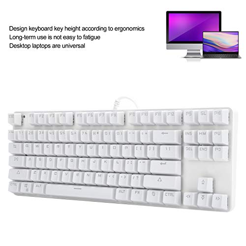 Zyyini Bindpo USB Gaming Keyboard, 87-Keys Wired Gaming Mechanical Keyboard with Color Backlit, Retro Keyboard for Desktop Laptop, Plug and Play, Blue Switch (White)