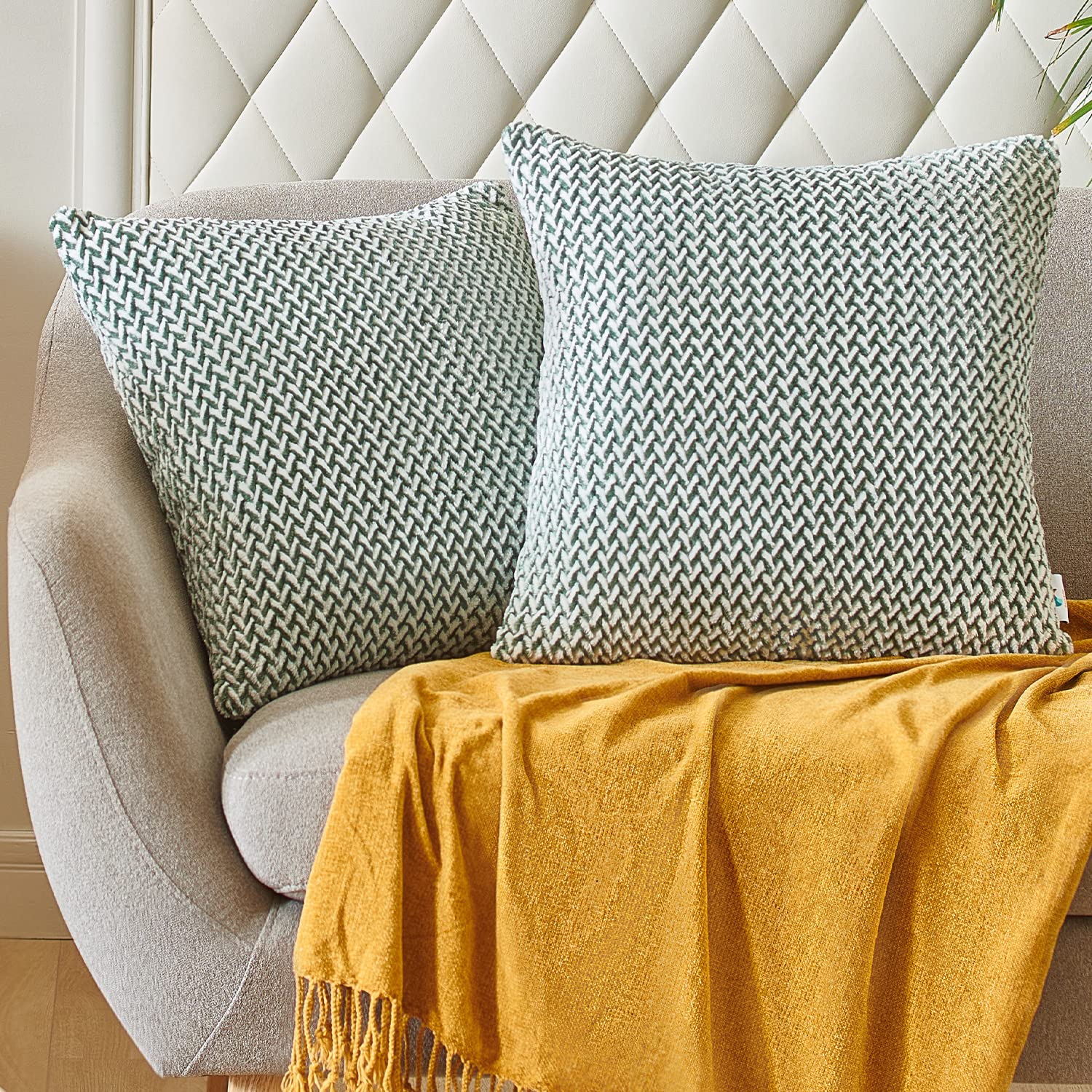 PAULEON Throw Pillow Covers 20x20 β Emerald Green and White, Set of 2 β Fluffy Fiber - Decorative Cushion Cases β Perfect for Couch, Sofa, Bed, Accent Pillows