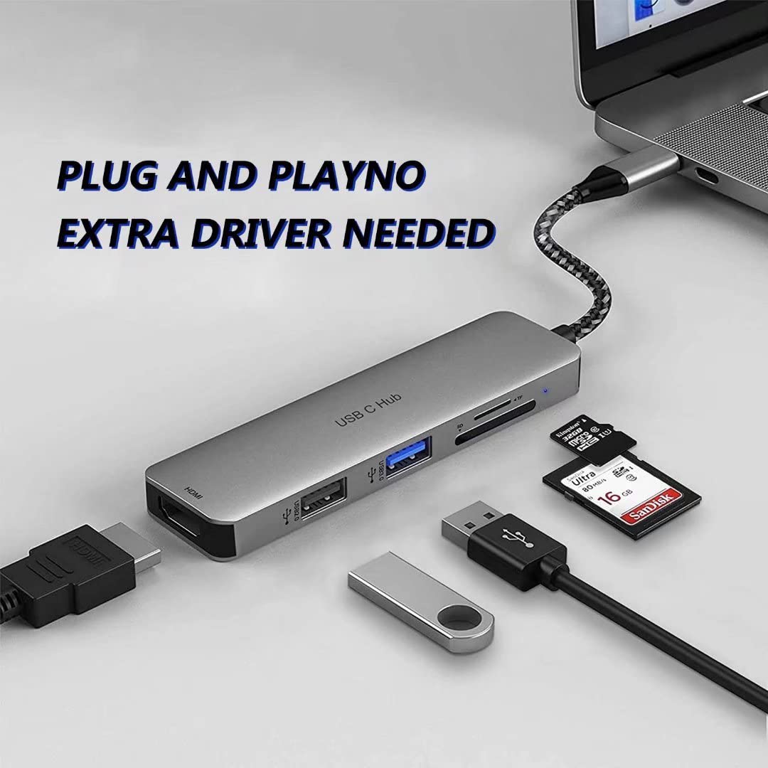 Tunes New USB C to HDMI Hub Adapter USB C Adapter Extends a Laptop’s USB-C into 5 Ports (1 USB 3. 0 Ports,1USB 2. 0 Ports,1 HDMI Port,1 SD Card Reader, 1 TF Card Reader ( Grey)