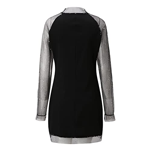 Pinkpaopao Glitter High Collar Party Dress Mesh Long Sleeve Hollow Out Wrap Slim Mini Dress