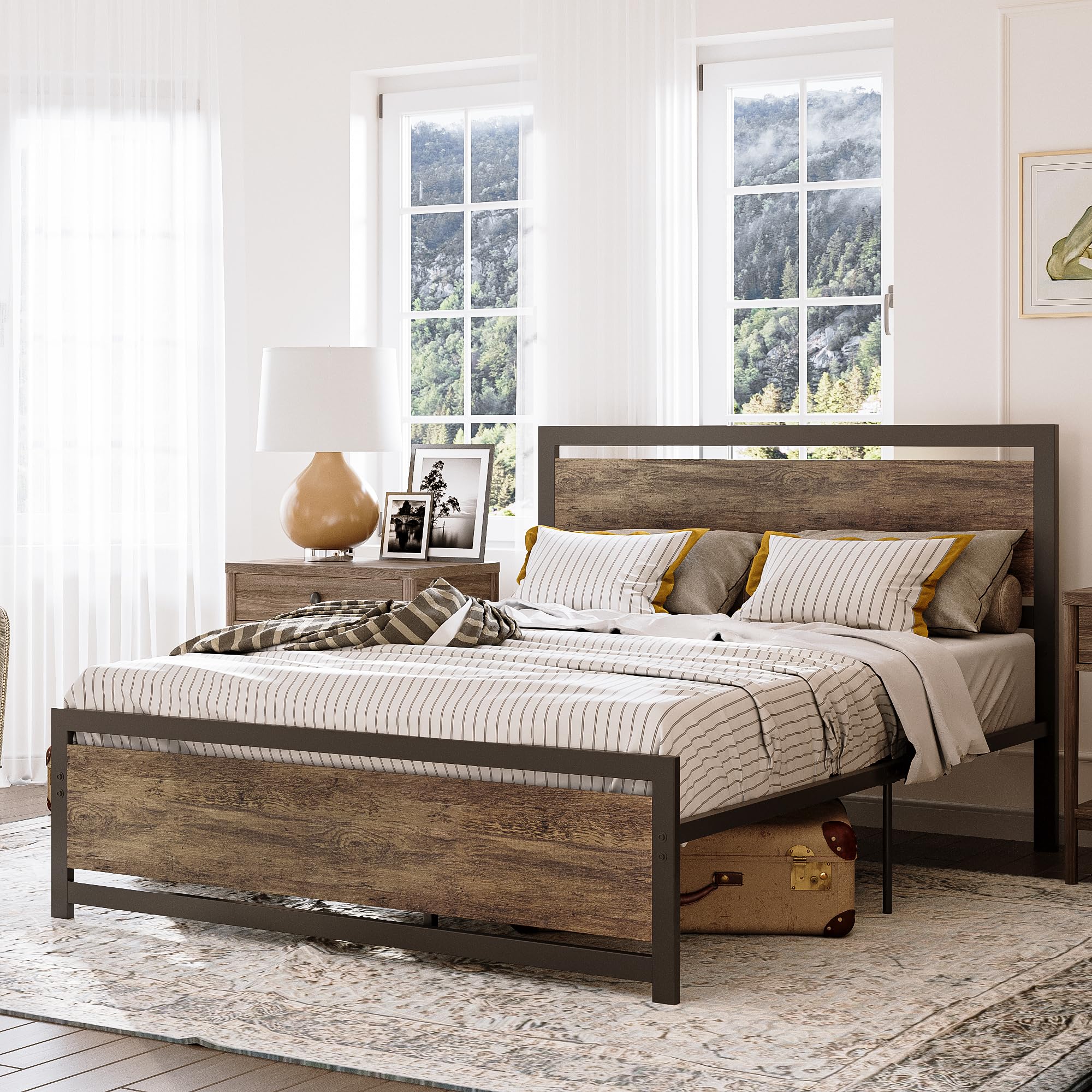 LIKIMIO Full Bed Frame with Headboard and Footboard, Metal Strong Supports, Easy Assembly, Noise-Free, No Box Spring Needed, Vintage Brown