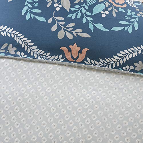 Madison Park Eden 3 Piece Cotton Printed Reversible Duvet Cover Set, Full/Queen(90"x90"), Navy