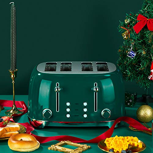 REDMOND 4 Slice Toaster Retro Stainless Steel Toasters with Bagel Defrost Cancel Function, 6 Browning Settings, Green, ST033