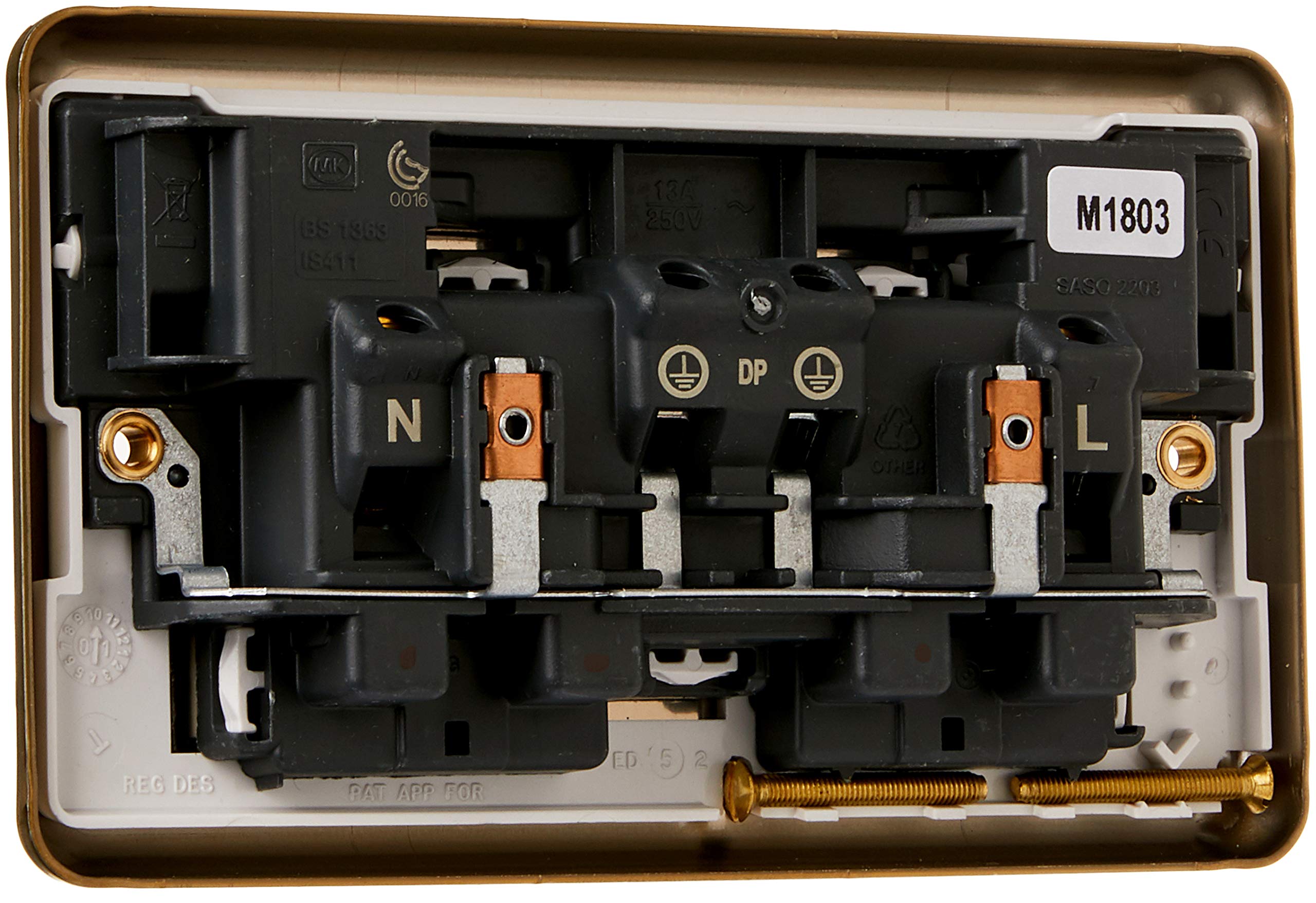 MK K2947SAG Double Switch Socket with Outboard Rockers/Dual Earth/Double Pole - Satin Gold
