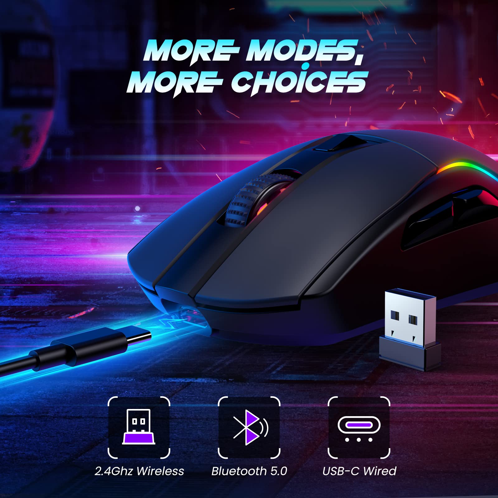 RisoPhy Wireless Gaming Mouse with RGB Magnetic Charging Dock, Lightweight Tri-Color Backlit, Buttons Fully Programmable, for PC, Mac