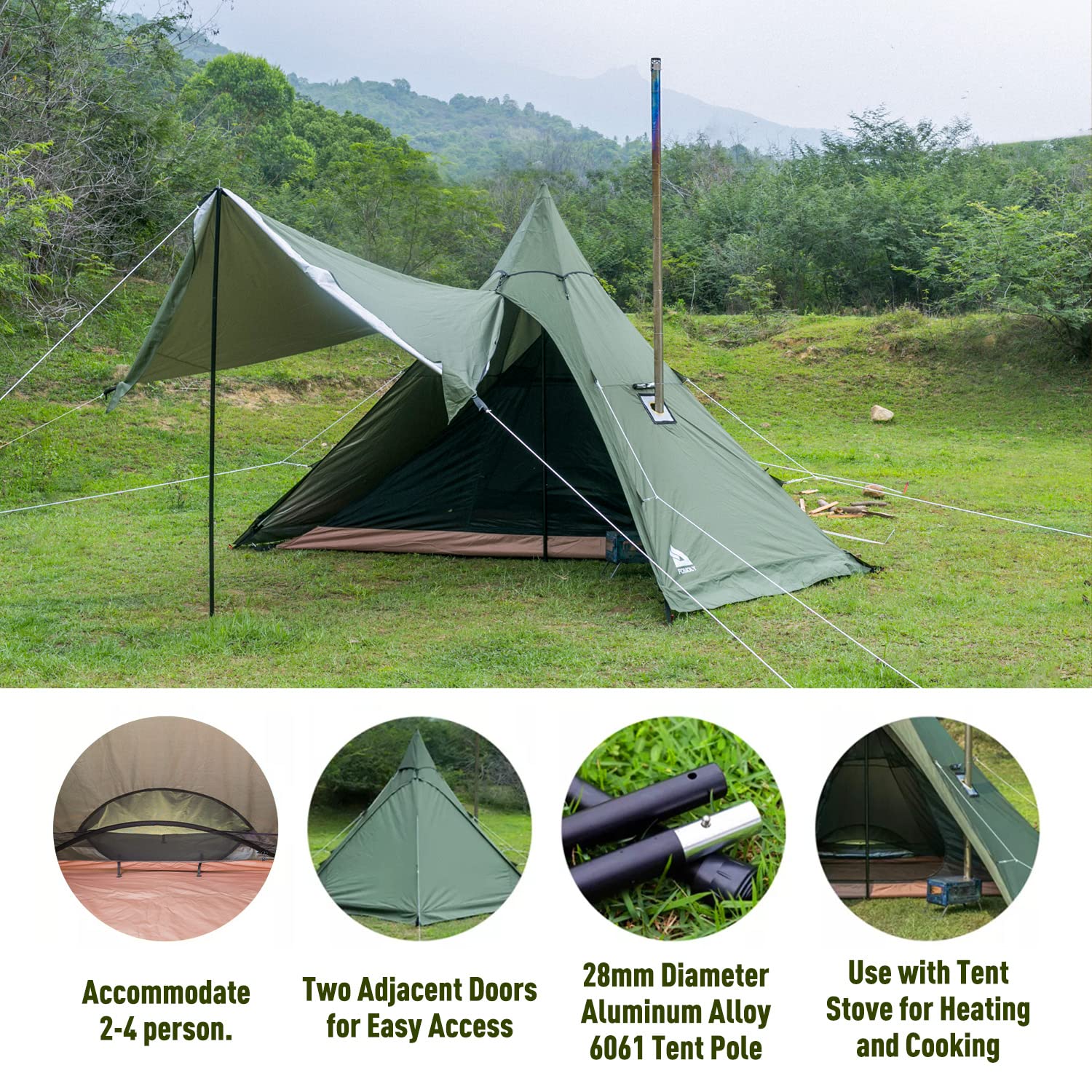 POMOLY Camping Hot Tent Stove Tent, MANTA Tipi Tent with Stove Jack and Half Inner Tent for 2-3 Person Hiking, Backpacking