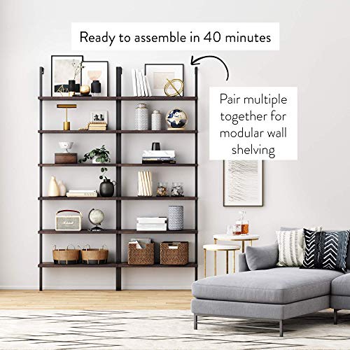 Nathan James Theo 6-Shelf Tall Bookcase, Wall Mount Bookshelf with Natural Wood Finish and Industrial Metal Frame, Nutmeg/Matte Black