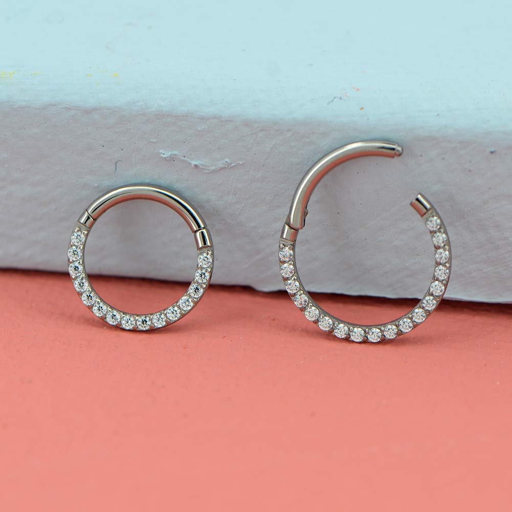 OUFER Titanium Daith Earring Hoop Solid G23 Cartilage Tragus Helix Rings 16G Titanium Septum Piercing Jewelry Hinged Segment Hoop With Clear CZ Paved