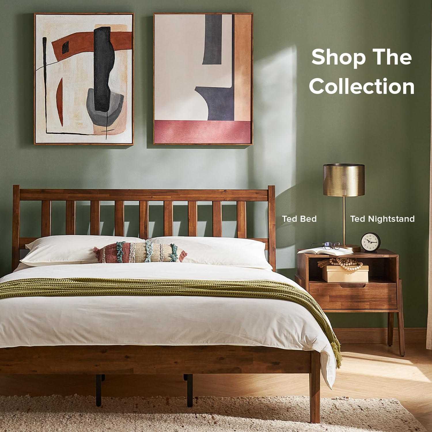mopio Ted Bed Frame with Headboard, Mid Century Modern Acacia Solid Wood Platform Bed Frame, Wooden Bed Slats, No Box Spring Needed, Double Metal Bar Support, Walnut (Queen Bed)