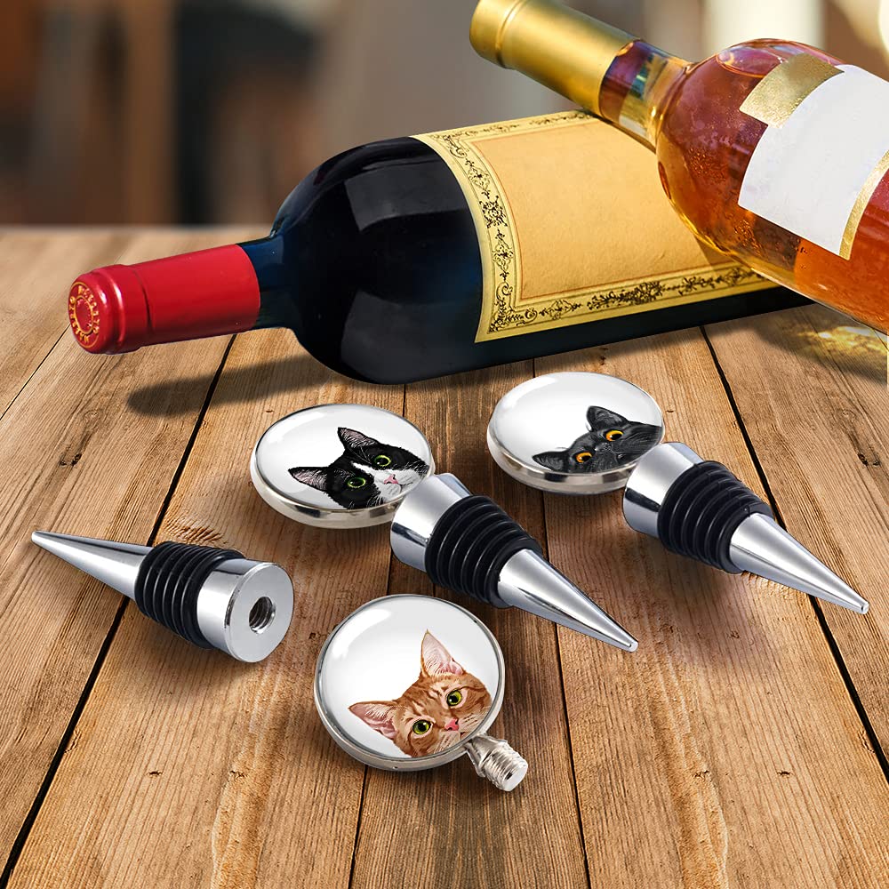 WIRESTER Set of 3 Stainless Steel Decorative Wine Bottle Stoppers For Bar, Holiday, Party, Wedding - Orange Tabby Cat, Black Bombay Cat, Tuxedo Cat
