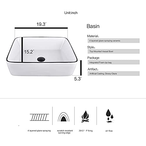 White Ceramic Bathroom Sink, 19" x 15" Above Counter Porcelain Vessel Sink with Black Faucet and Pop up drain Combo, Rectangle