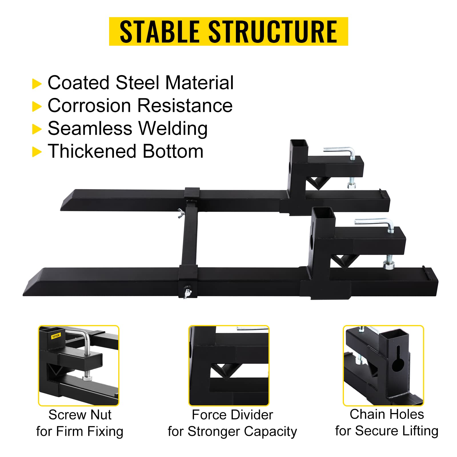VEVOR Pallet Forks, 2000 Lbs Clamp on Pallet Forks 60" Total Length, Tractor Bucket Forks with Adjustable Stabilizer Bar, Heavy Duty Pallet Forks for Tractor Attachments, Skid Steer, Loader Bucket