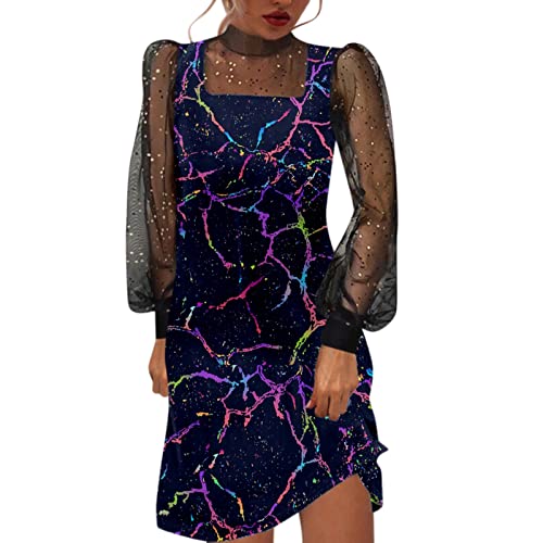 Pinkpaopao Mesh Long Sleeve Party Dress for Women Spring and Summer Graphics Printed Mini Dress Navy