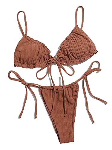 Lilosy Petite Sexy Ribbed Ruffle G String Tie Triangle Thong Bikini Swimsuit Set Women High Cut Cheeky Brazilian Bottom Bathing Suit 2 Two Piece Coffee Brown X-Small
