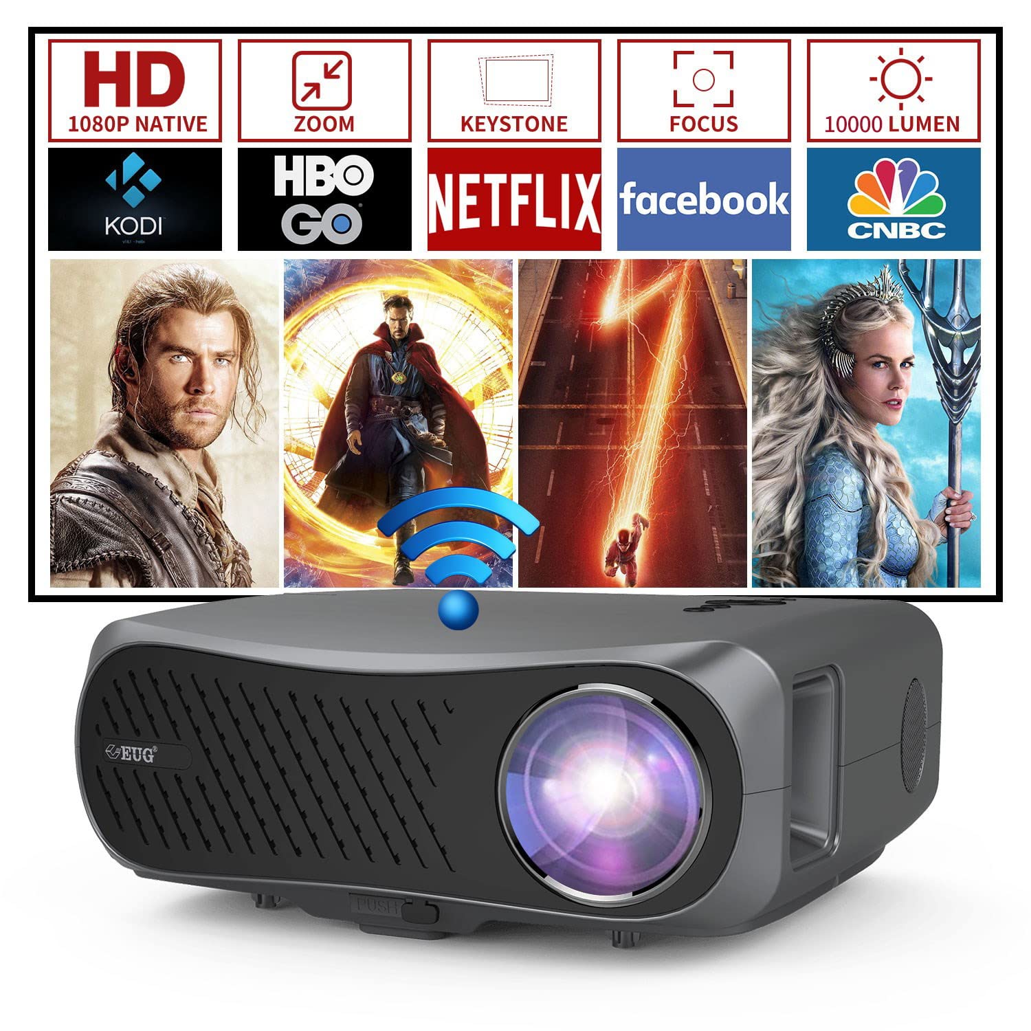 Native 1080P 5G WiFi Bluetooth Projector,10000LM Full HD Movie Projector Android OS, 200" Display Outdoor Movie Projector Support 4k Home Theater Wireless Mirroring for Smartphone/PC/TV Stick/HDMI/USB