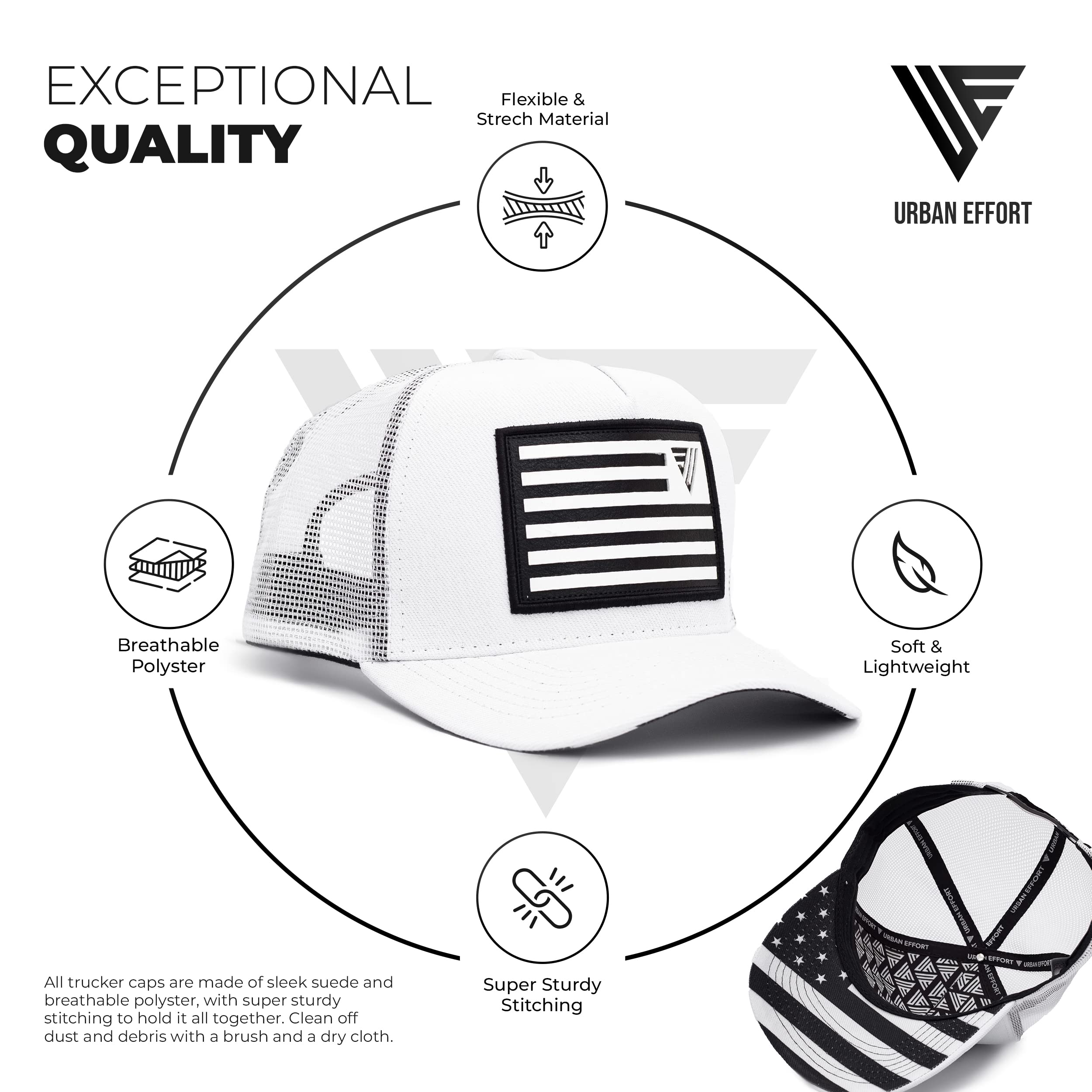 Urban Effort Snapback Trucker Hat | Breathable Mesh Baseball Cap for Men & Women Adjustable Fit American Flag Hat for Casual (White)