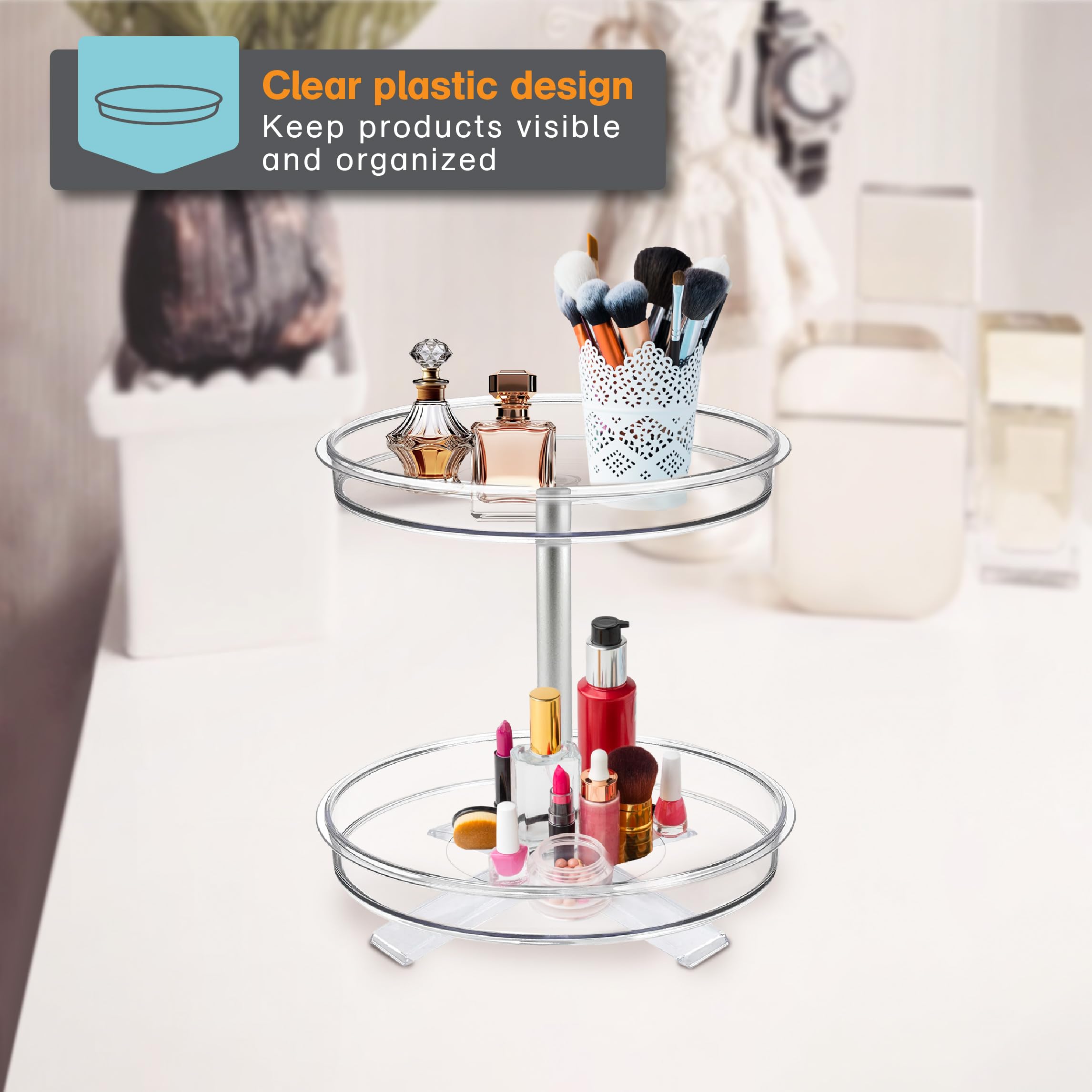 Polder 2-Tier Spinner Caddy, 365 degree turntable, clear lazy susan, under sink, cabinet or pantry storage