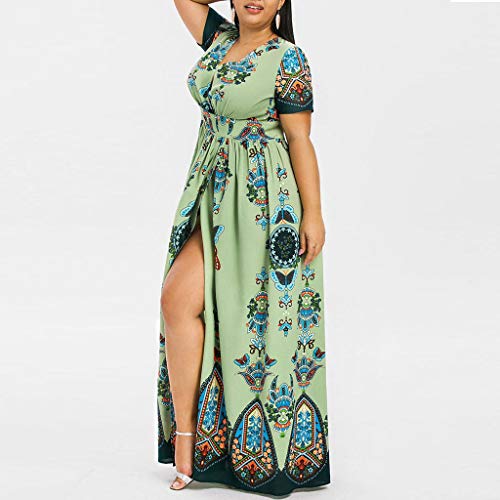Pinkpaopao Plus Size Short Sleeve Dress for Women Butterfly Pattern Long Dress Deep V Neck Pleated Split Maxi Dress