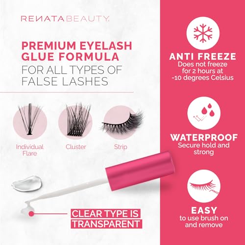 Renata Beauty Lash Glue for False Eyelash Extensions β 24 Hour Transparent Glue for False Lashes β Waterproof Cluster Lash Glue with Dual Function Flexible Brush Tube β Compatible with Glue Remover