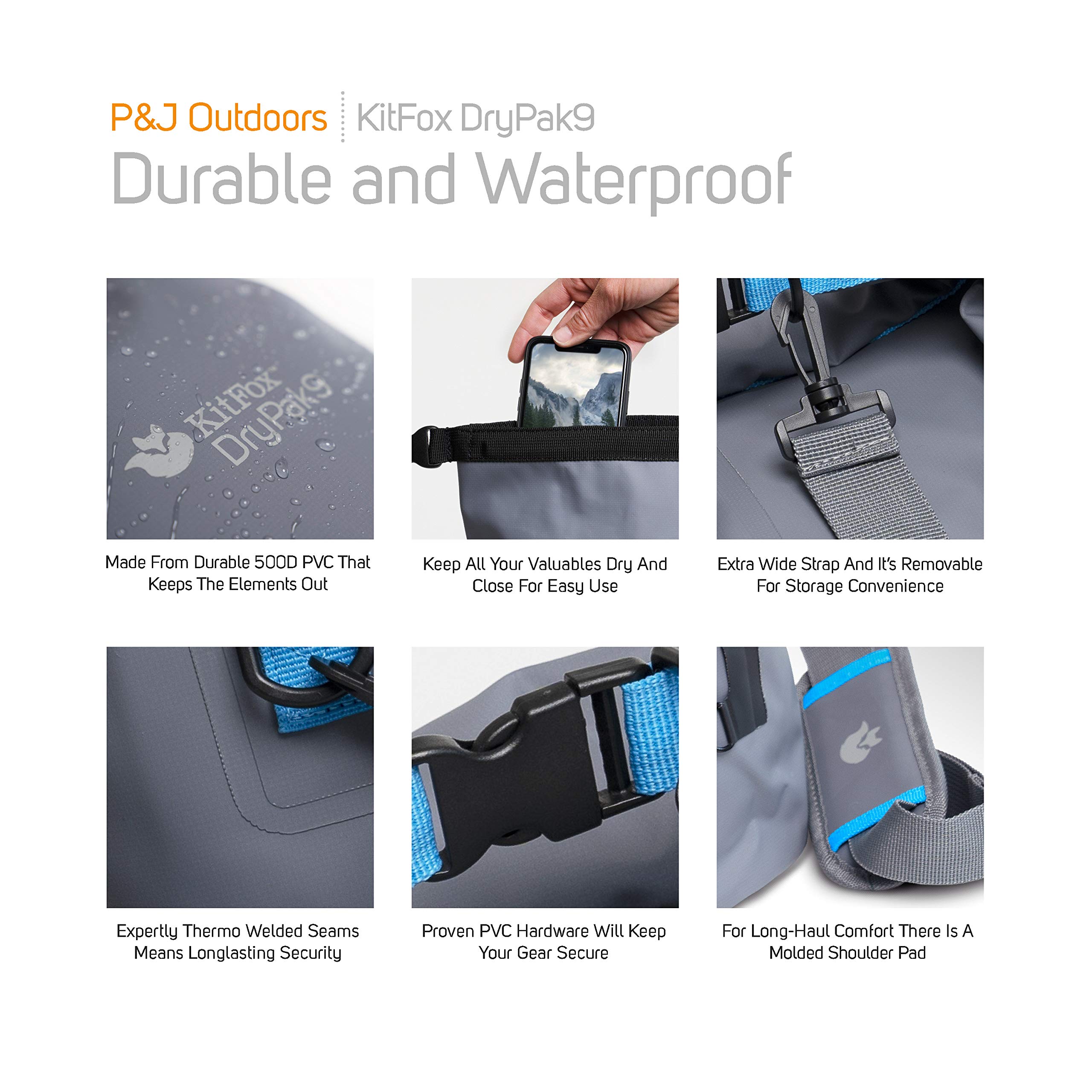 P&J Trading DryPak9 Waterproof Dry Bag โ Waterproof and Durable for Camping, Beach, Hiking, Lakes, Backpacking, River Rafting, Paddle Boarding, Fishing, Diving (Grey)