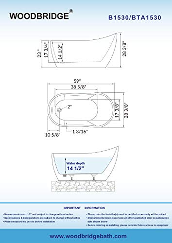 WOODBRIDGE 59" Acrylic Freestanding Bathtub Contemporary Soaking White Tub with Matte Black Overflow and Drain,B1530 -MB-Drain &O