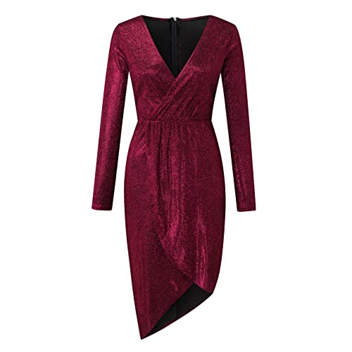 Pinkpaopao Sequins Party Dress for Women Deep V Neck Long Sleeve Solid Color Wrap Slip Long Dress