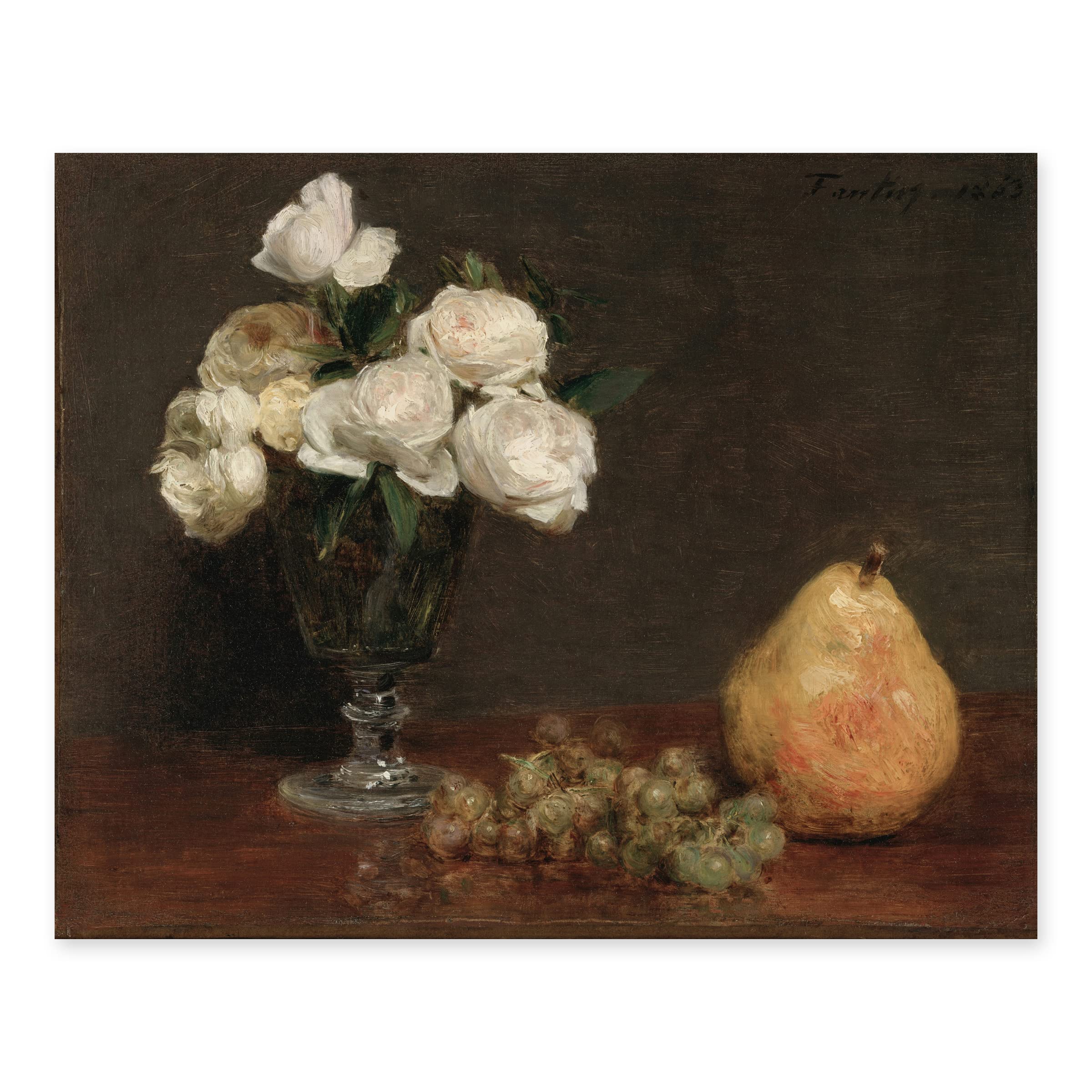White Roses and Fruit, Still Life Print - Rustic Dark Farmhouse Decor, Vintage Botanical Pear Art - Unframed