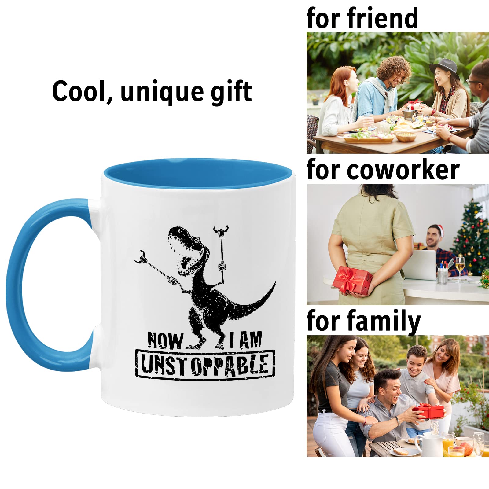 Okaytee T-rex Mug - Now I Am Unstoppable - Funny T-rex Dinosaur Gift Idea For Men and Women 11oz Two-Tone Mug White And Light Blue