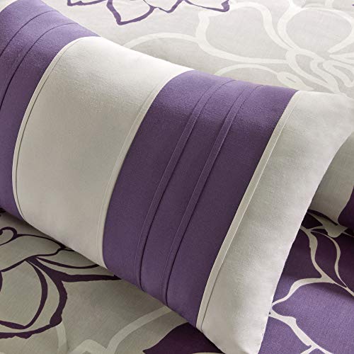 Madison Park Lola 100% Cotton Duvet Set Beautiful Floral Pattern, Ruffle Border Design All Season, Breathable Comforter Cover Bedding, Matching Shams, Full/Queen(90"x90"), Purple/Grey 6 Piece