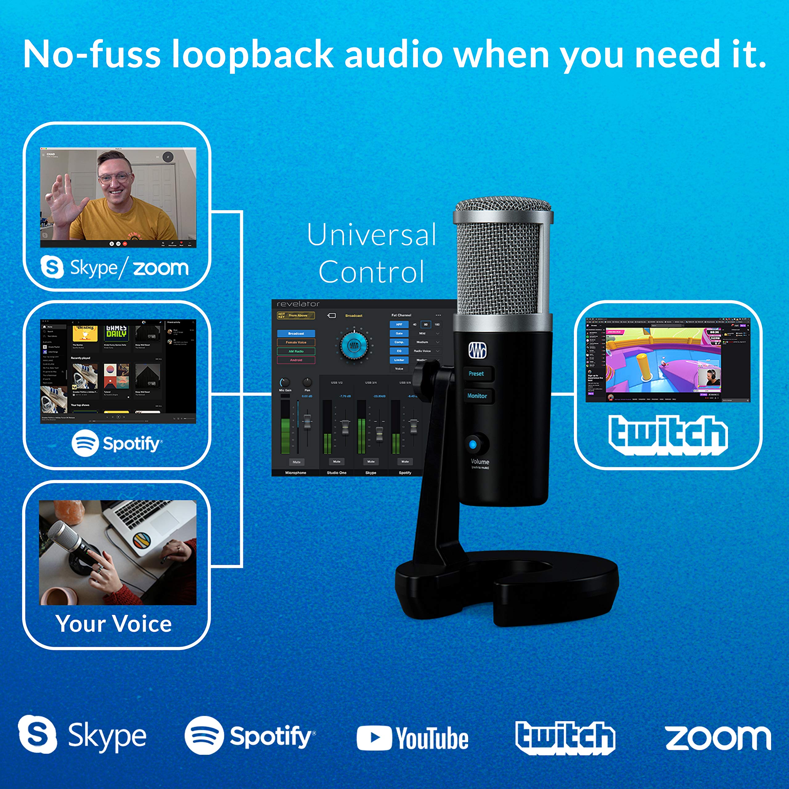 PreSonus Revelator USB Condenser Microphone for podcasting, live streaming, with built-in voice effects plus loopback mixer for gaming, casting, and recording interviews over Skype, Zoom, Discord
