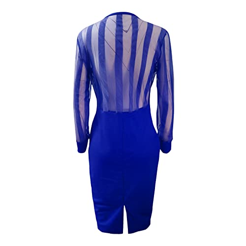 Pinkpaopao Striped Mesh Bodycon Dress for Women Solid Color Wrap V Neck Slim Dress Long Sleeve Back Split Midi Dress