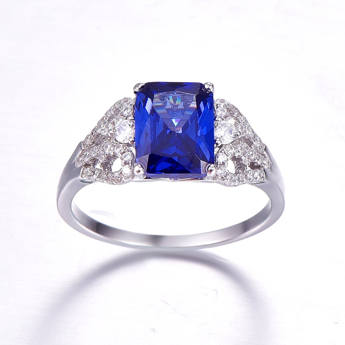 Merthus 7x9mm Radiant Cut Simulated Blue Sapphire 925 Sterling Silver Engagement Ring for Women Size 8