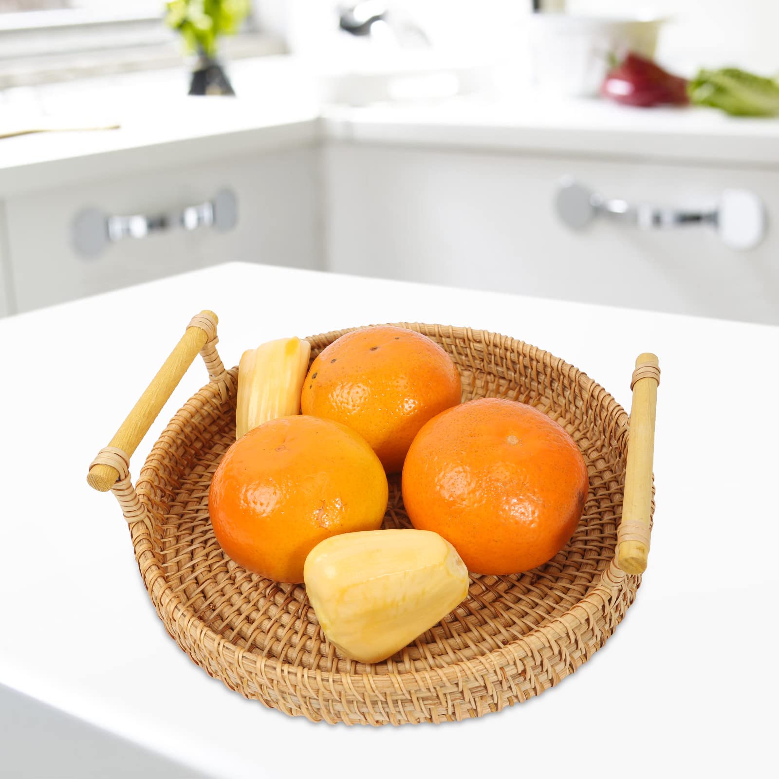 Round Rattan Coffee Table Tray with Handles - Woven Basket Food Decorative Tray ,Handmade Rattan Serving Tray with Handles ,Adorable Natural Bamboo Tray for Ottoman Coffee Table (Small/8.7 inch)