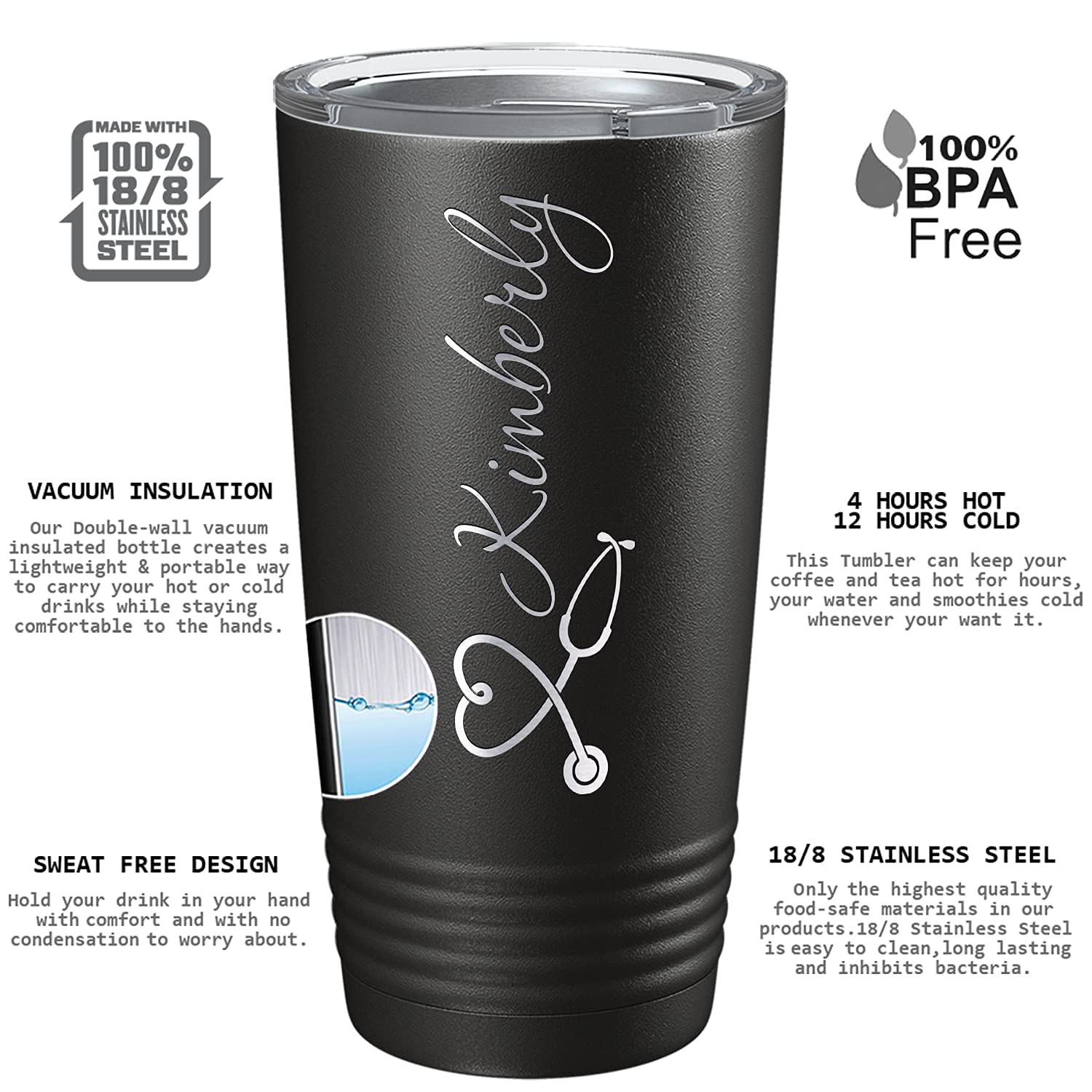 Personalized Heart Stethoscope Nurse, RN, LPN, CNA, CMA, MA Laser Engraved on Black 20 oz Stainless Steel Tumbler with Lid - Insulated Cup - Travel Mug