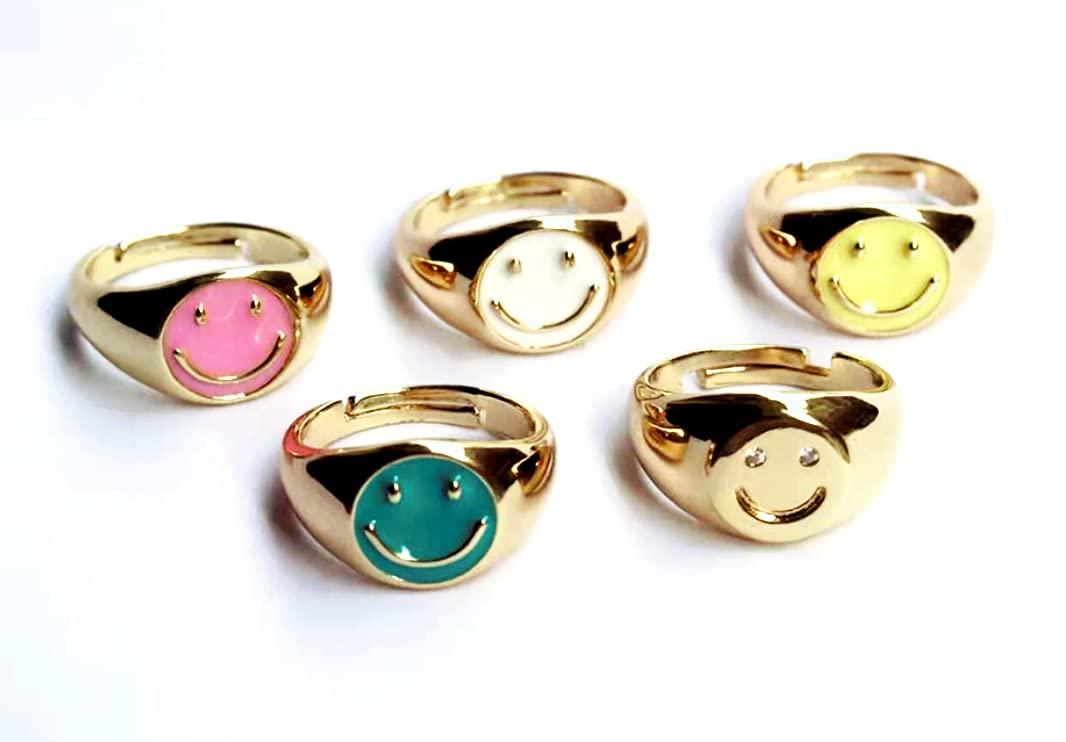 NC 5 Pcs Gold Plated Smiling Face Rings 5 Colors Y2K Cute Ring Adjustable Opening Ring Environment Friendly and Harmless