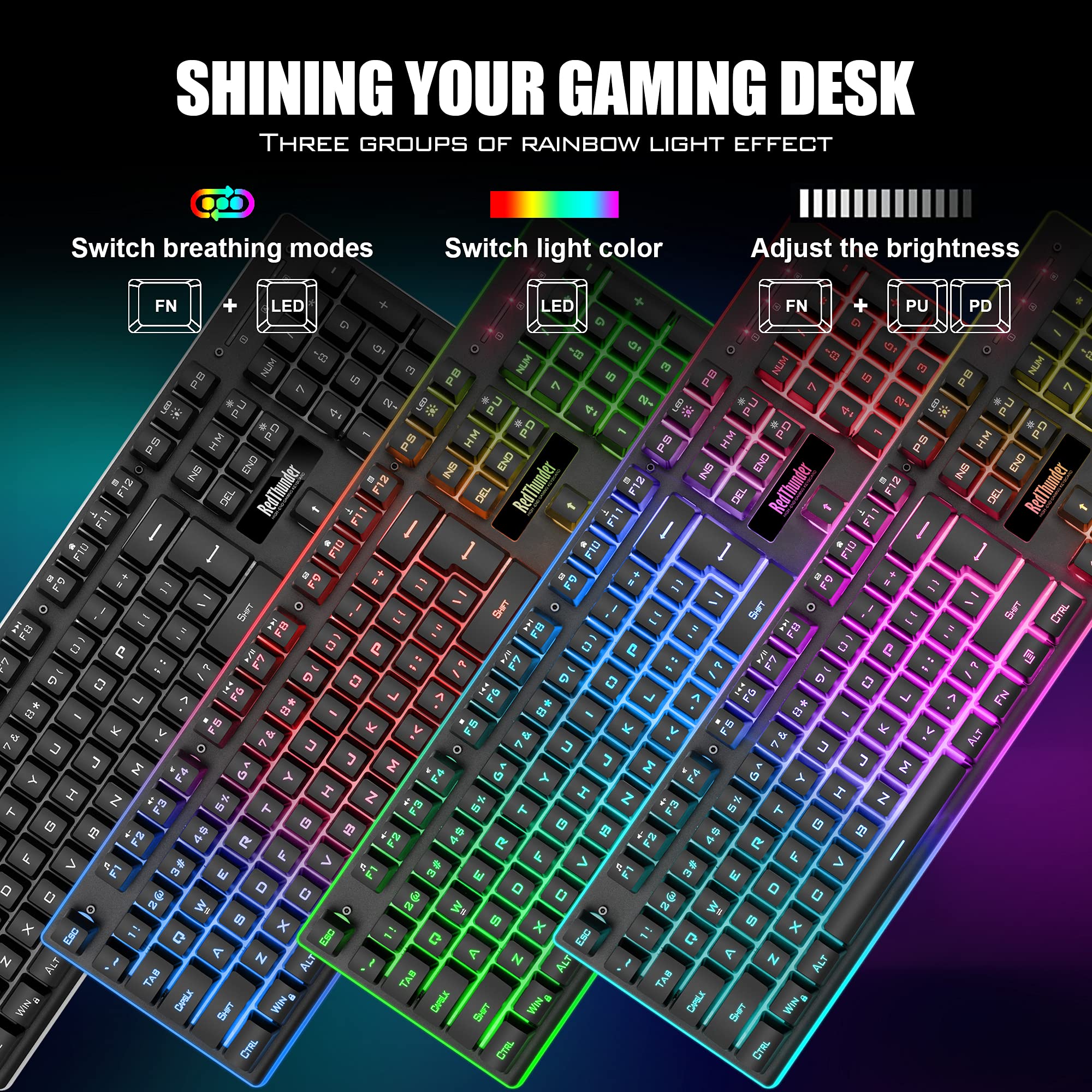RedThunder K10 Wireless Gaming Keyboard, Rechargeable 3000mAh 2.4G LED Backlit Wireless Keyboard, Ergonomic Keyboard with Mechanical Feeling Keys for PC PS4 Xbox One Mac, Teclado Gamer, White