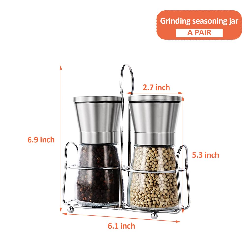 OIULO Salt and Pepper Grinder Set with Steel Base Tray, RefillablePepper Grinder Set - Brushed Stainless Steel - Short Glass Jar with Adjustable Coarseness for Grinding Pepper Grains, Salt or Spices