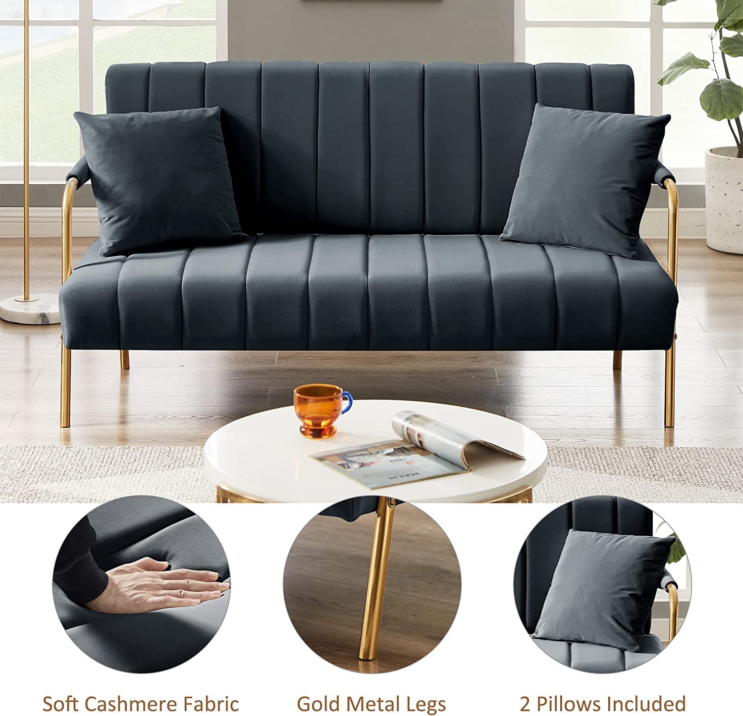 Majnesvon 61" Modern Loveseat Sofa Couch,Cashmere Fabric Small Love Seat w/2 Pillows and Metal Legs,2-Seater Upholstered Mini Sofa Couches for Small Space,Living Room Bedroom Apartments (Dark Grey)