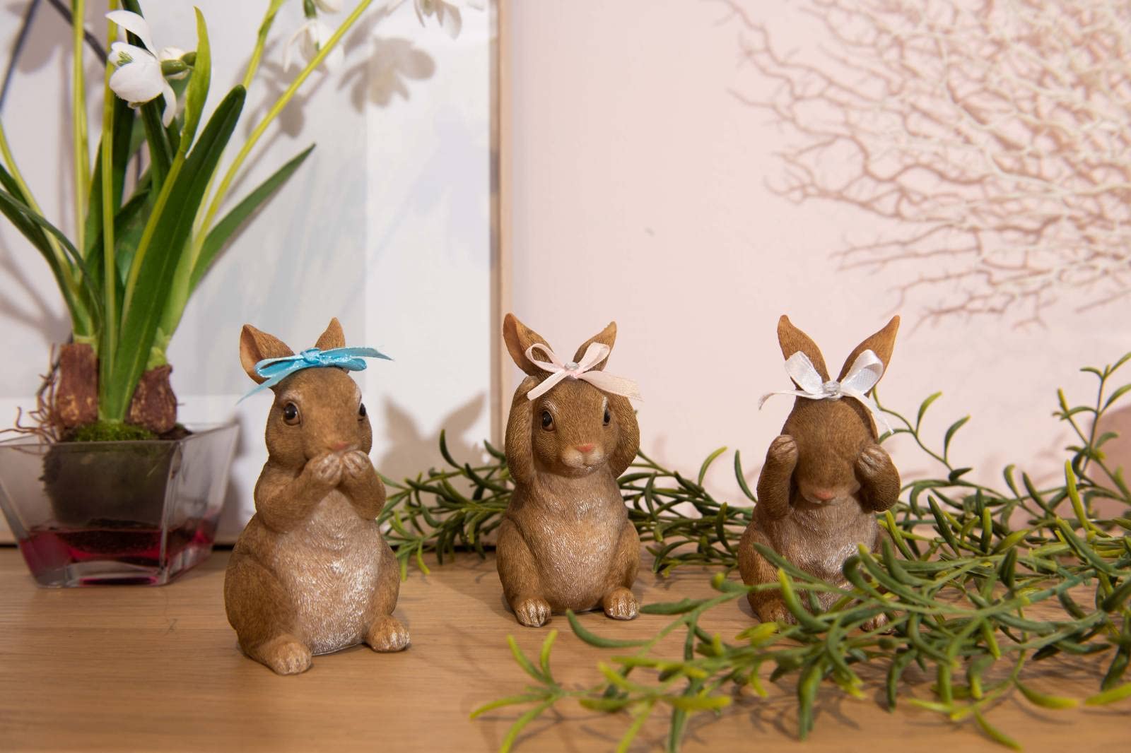 Newman House Studio Bunny Decor Home Rabbit Statue - Easter Decorations Hear See Speak No Evil Bunny Figurines 3pc Brown Ears with Bows Desk Table Shelf Decor Accents for Home 3 x 2.25 x 4.5 Inch